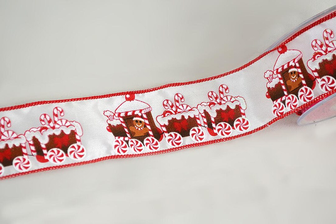 Wired Gingerbread Man and Train Christmas Ribbon, White Brown & Red ...