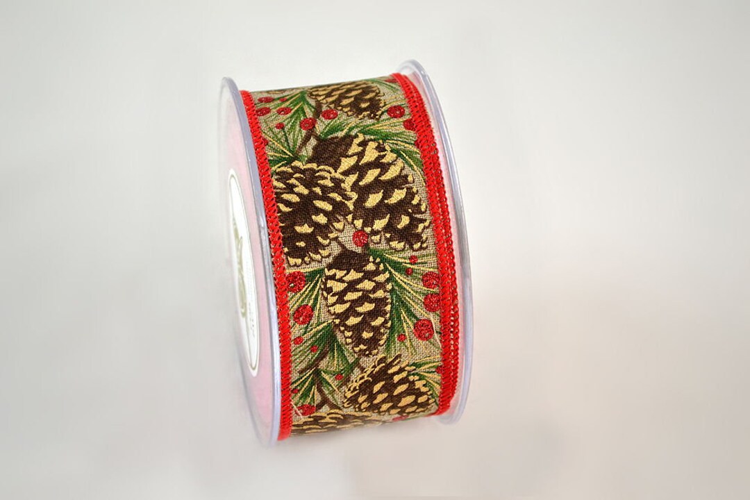 Pine Cone Ribbon Thick Polyester Brown Green Red Wired Ribbon by the ...
