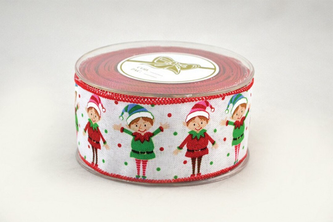 Wired Christmas Ribbon With Happy Elves, White Xmas Ribbon With Red ...
