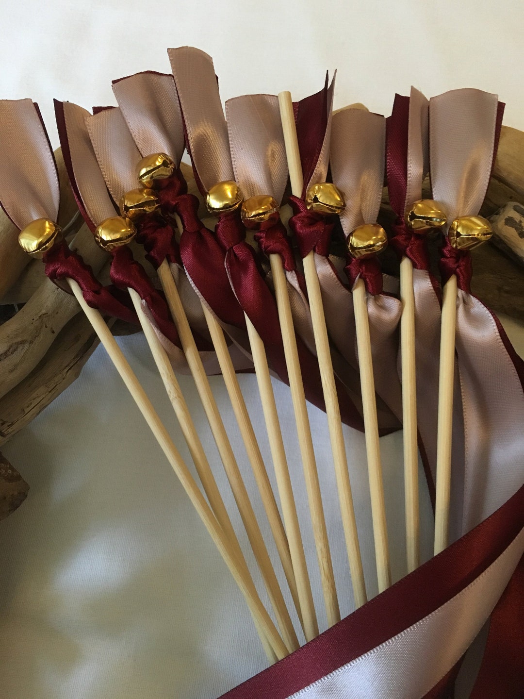 20 Wedding Wands With Gold Bells, Satin Dark Pink and Burgundy Ribbons ...