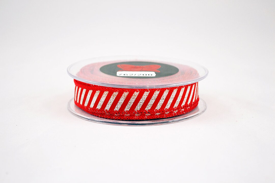 Thin Wired Christmas Ribbon With Diagonal Stripes in Red and Snowy ...