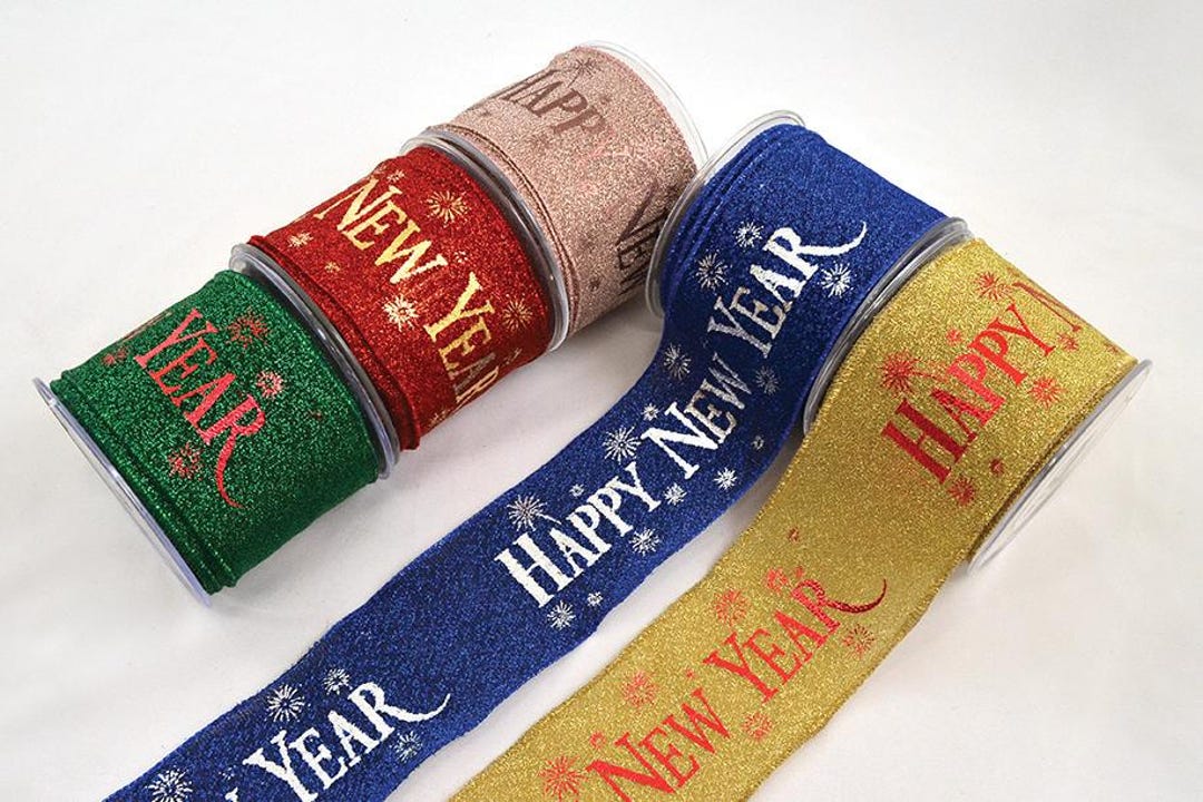 Sparkle Happy New Year Wide Wired Ribbon, Shiny Holiday Trim, Christmas ...