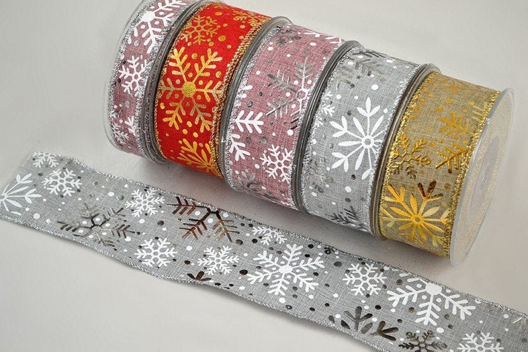 Wired Christmas Ribbon With Metallic Printed Snowflakes, Material for ...