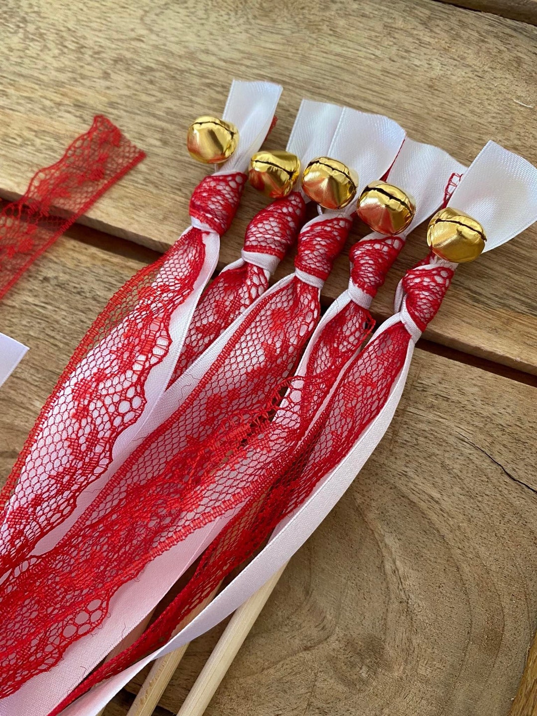 20 Wedding Wands With Gold Bells, Wide White Satin and Red Lace Ribbons ...
