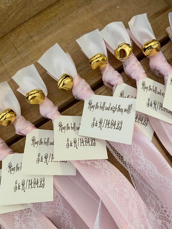 20 Personalized Wedding Wands With Tags Party Streamers Gold Bells Satin Ribbons in White and Pink With White Lace Romantic Send Off Etsy