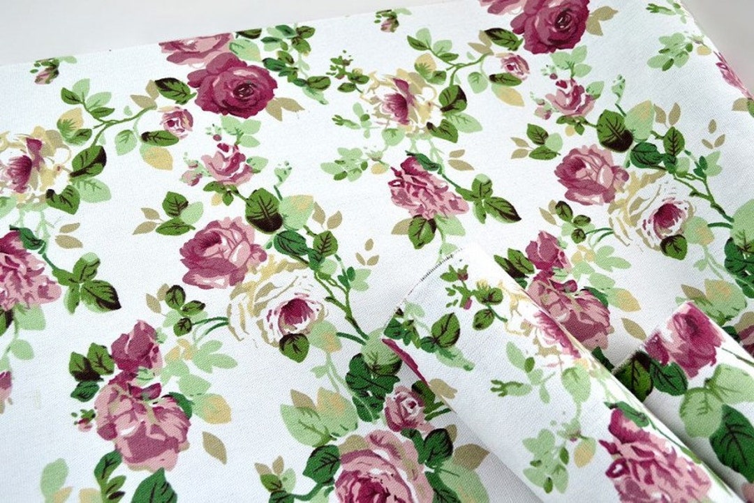 White Cotton Fabric With Large Roses and Green Leaves, Classic Vintage ...