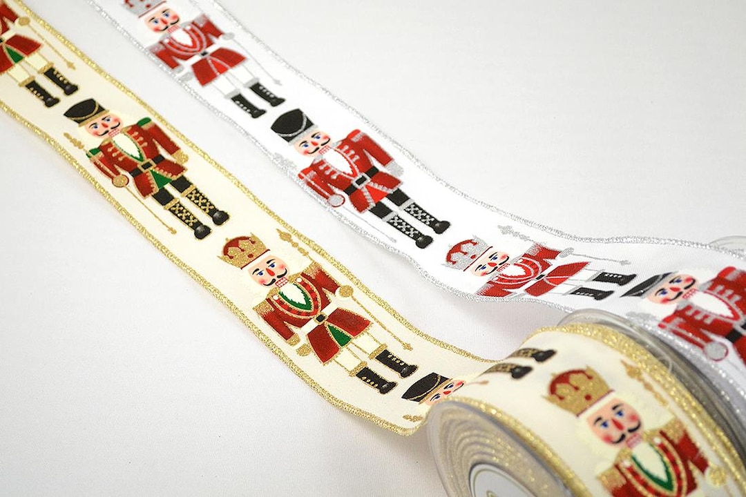 Nutcracker Wired Printed Ribbon, Christmas Traditional Figure in Ivory ...