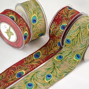 Elegant Peacock Christmas Ribbon, Wired Noel Bird Motif , 3 Widths (2 ...