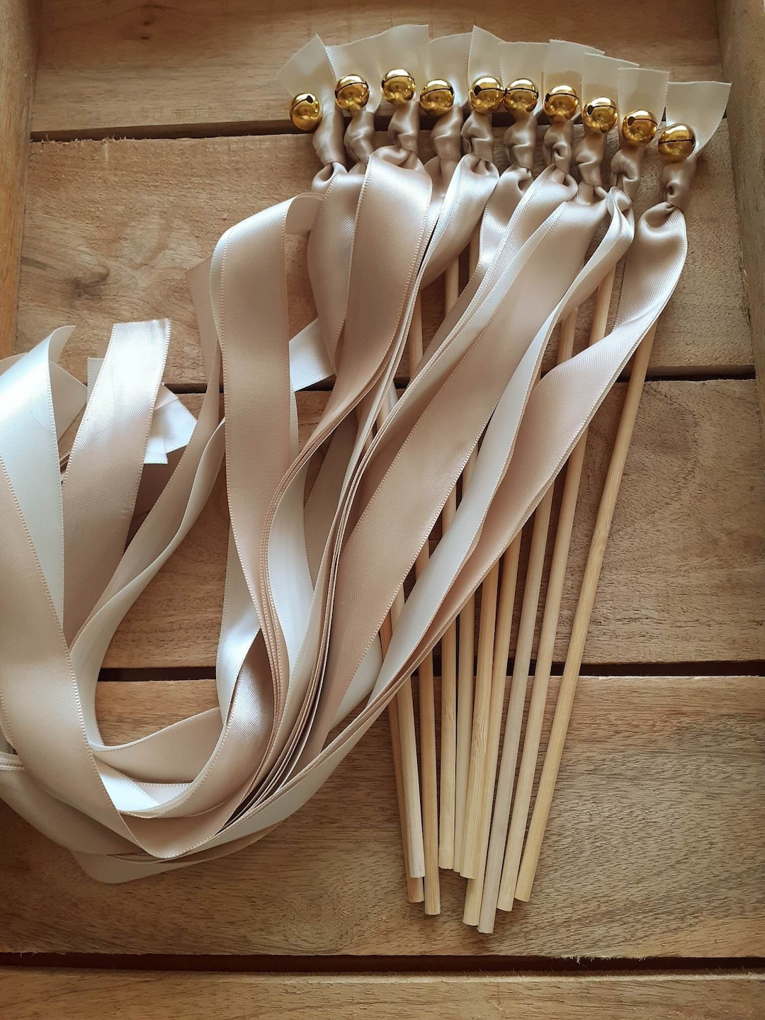 20 Wedding Wands: Ivory & Beige Satin Ribbons, Gold Bells - Etsy