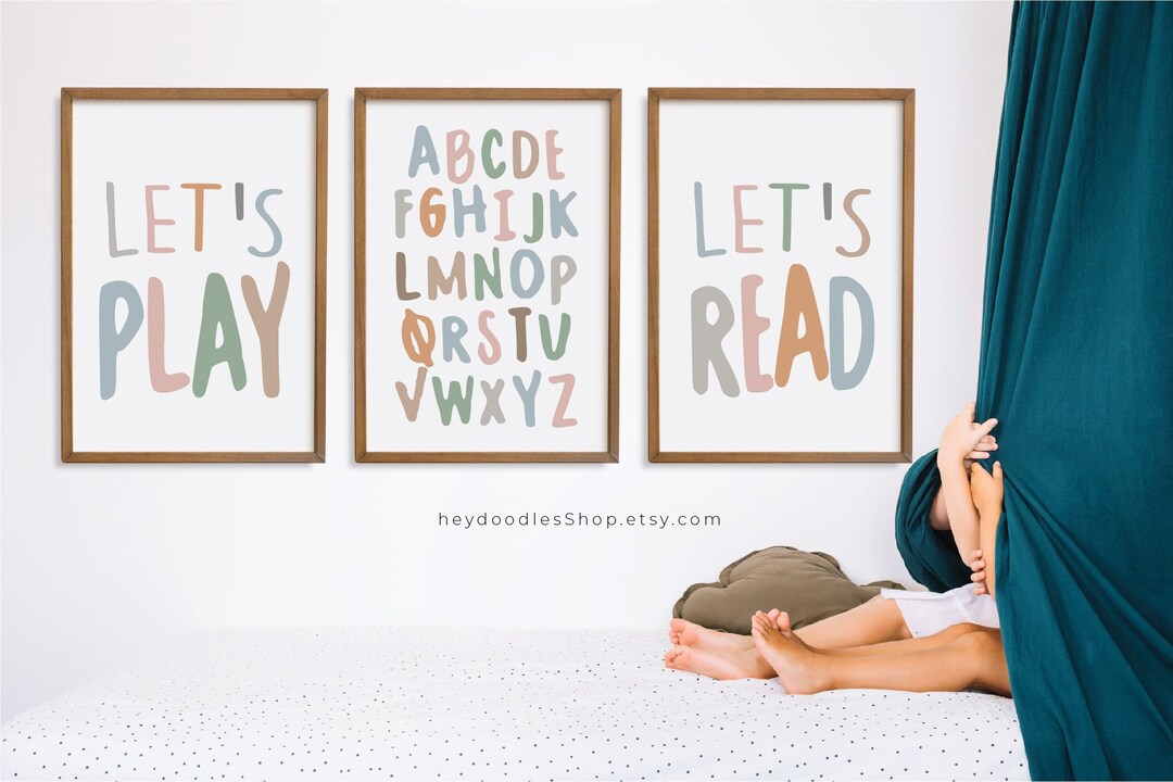 Set of 3, Let's Read, Let's Play, Kids Study Room, Gender Neutral ...