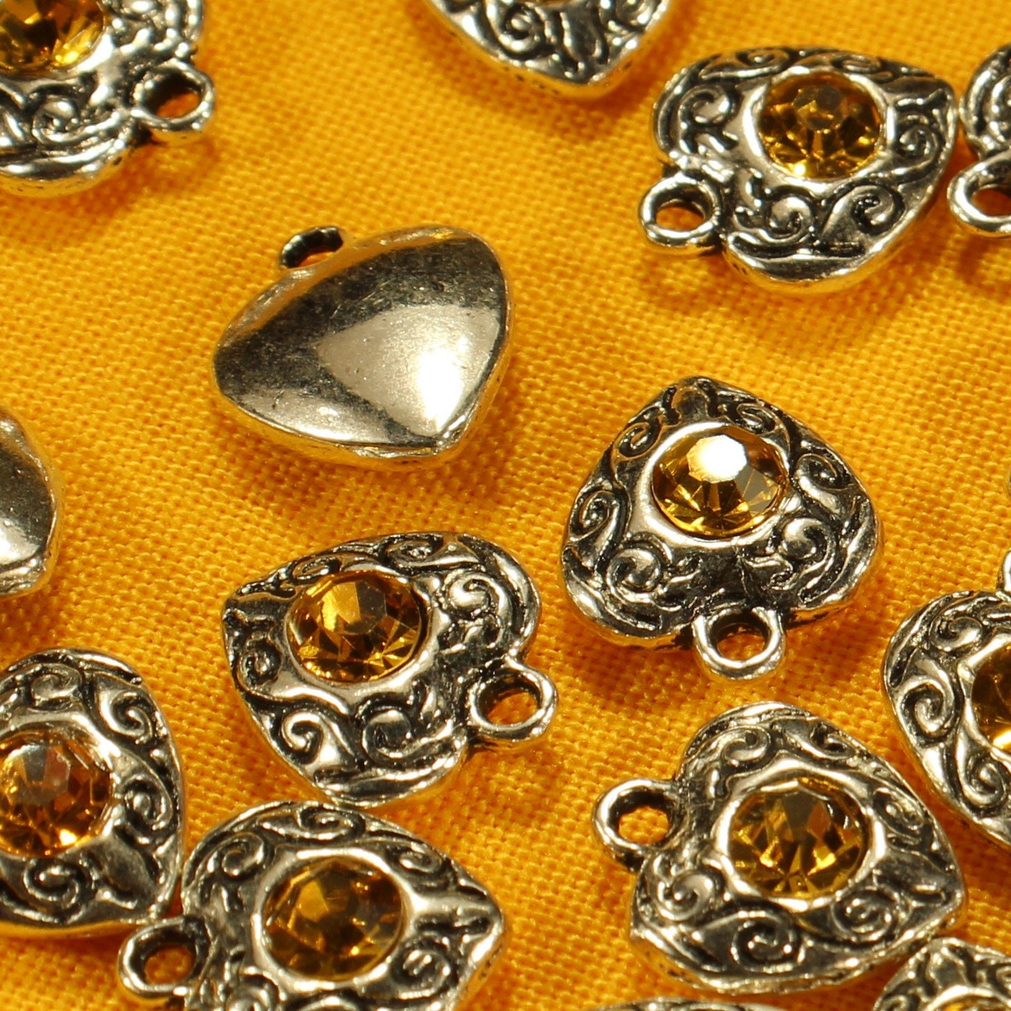 Yellow Rhinestone 12mm Heart with Etched Scroll Design Antique | Etsy