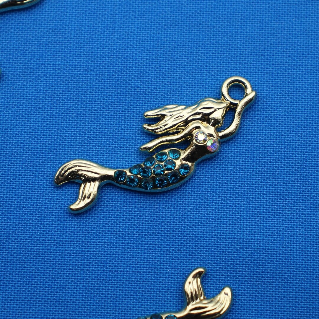Mermaid 35mm Gold Plated With Blue and White Rhinestone Single Sided 2D ...