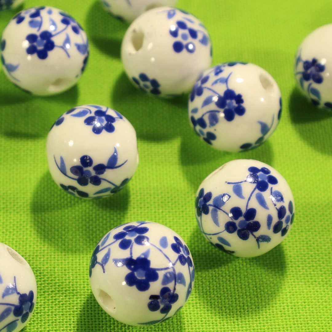 12mm Blue Floral Design Glossy Coated White Ceramic Jewelry Making ...
