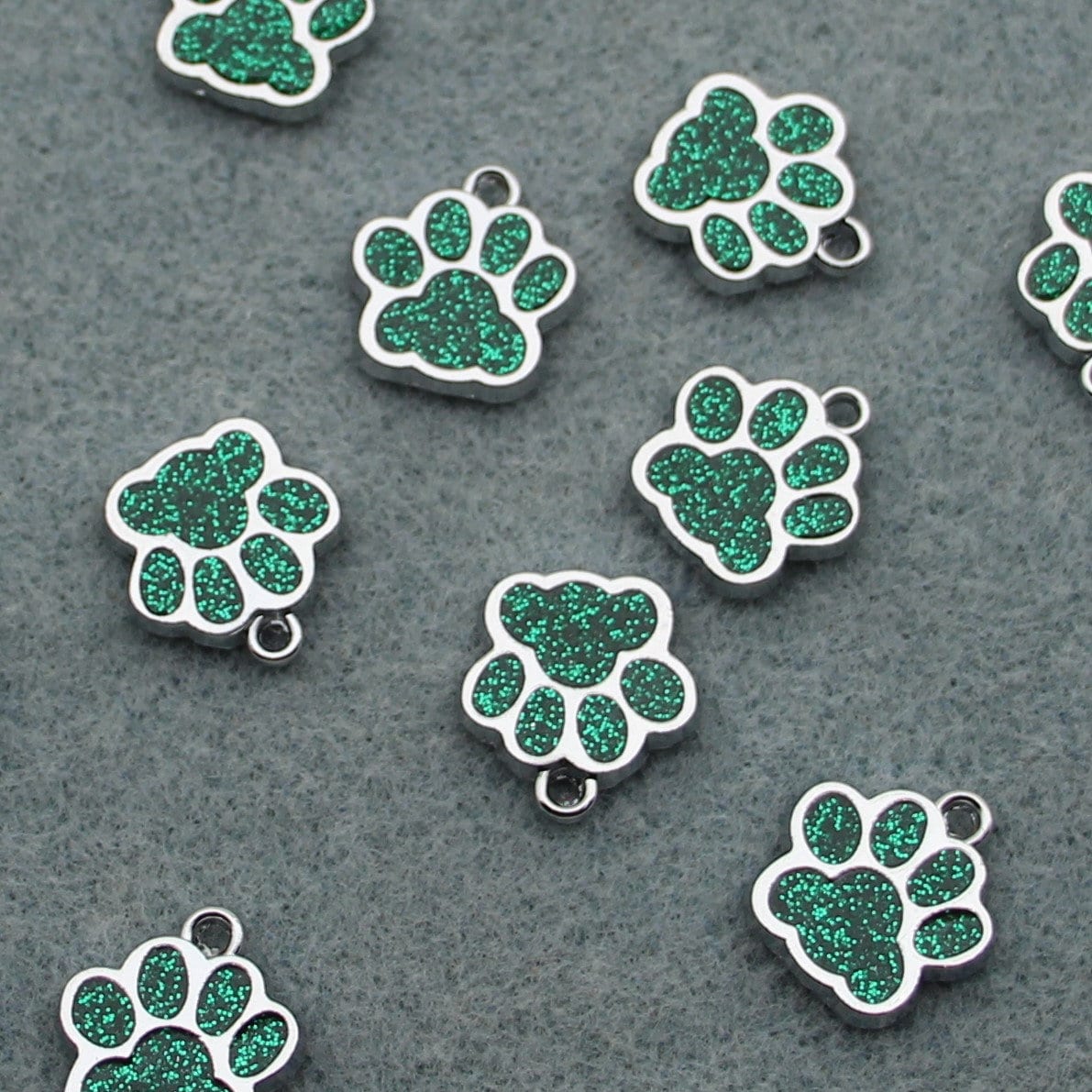 Paw Print 18mm Dark Green Glitter Enamel and Silver Tone Single Sided ...