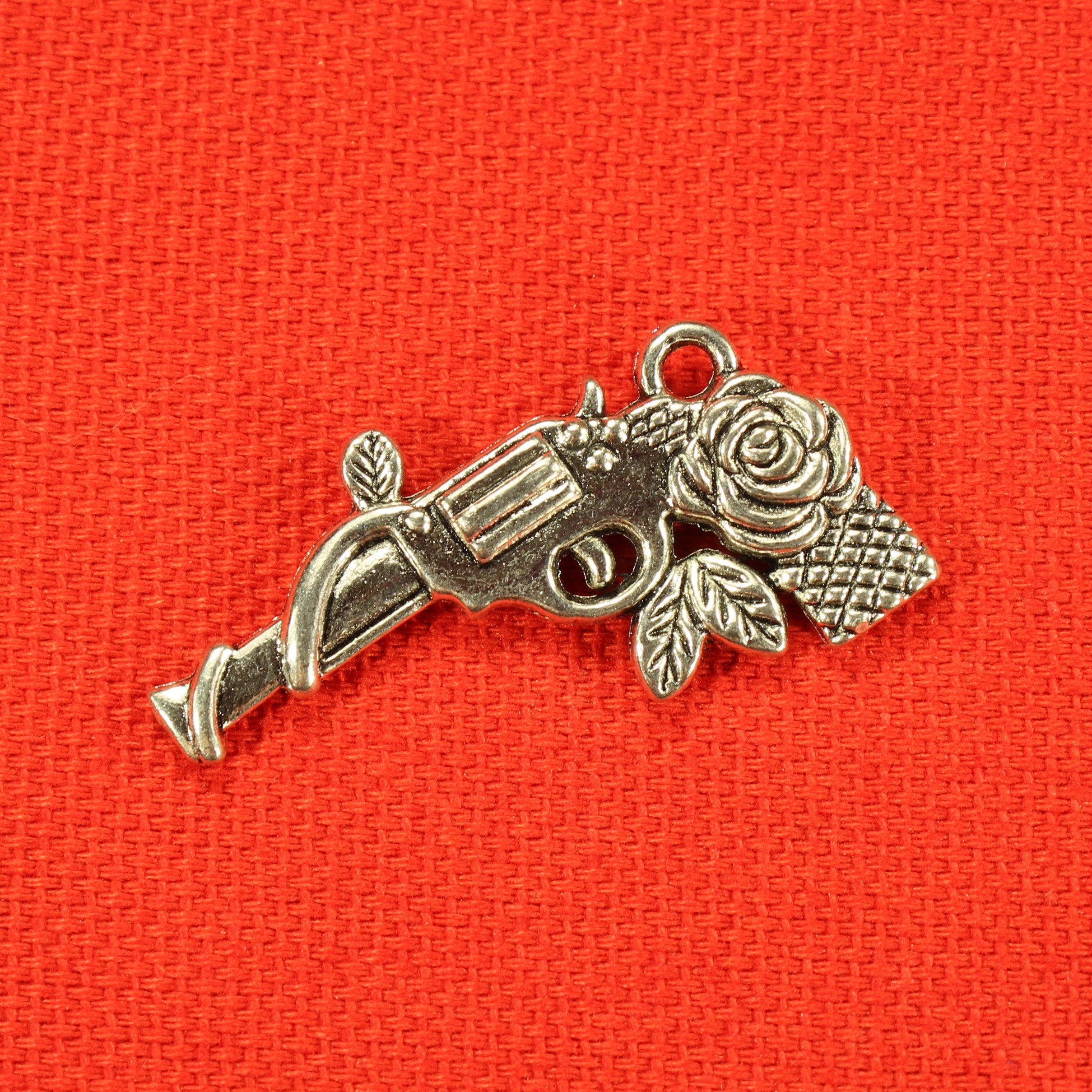 Handgun With Rose and Vines 30mm Antique Silver Tone Double - Etsy