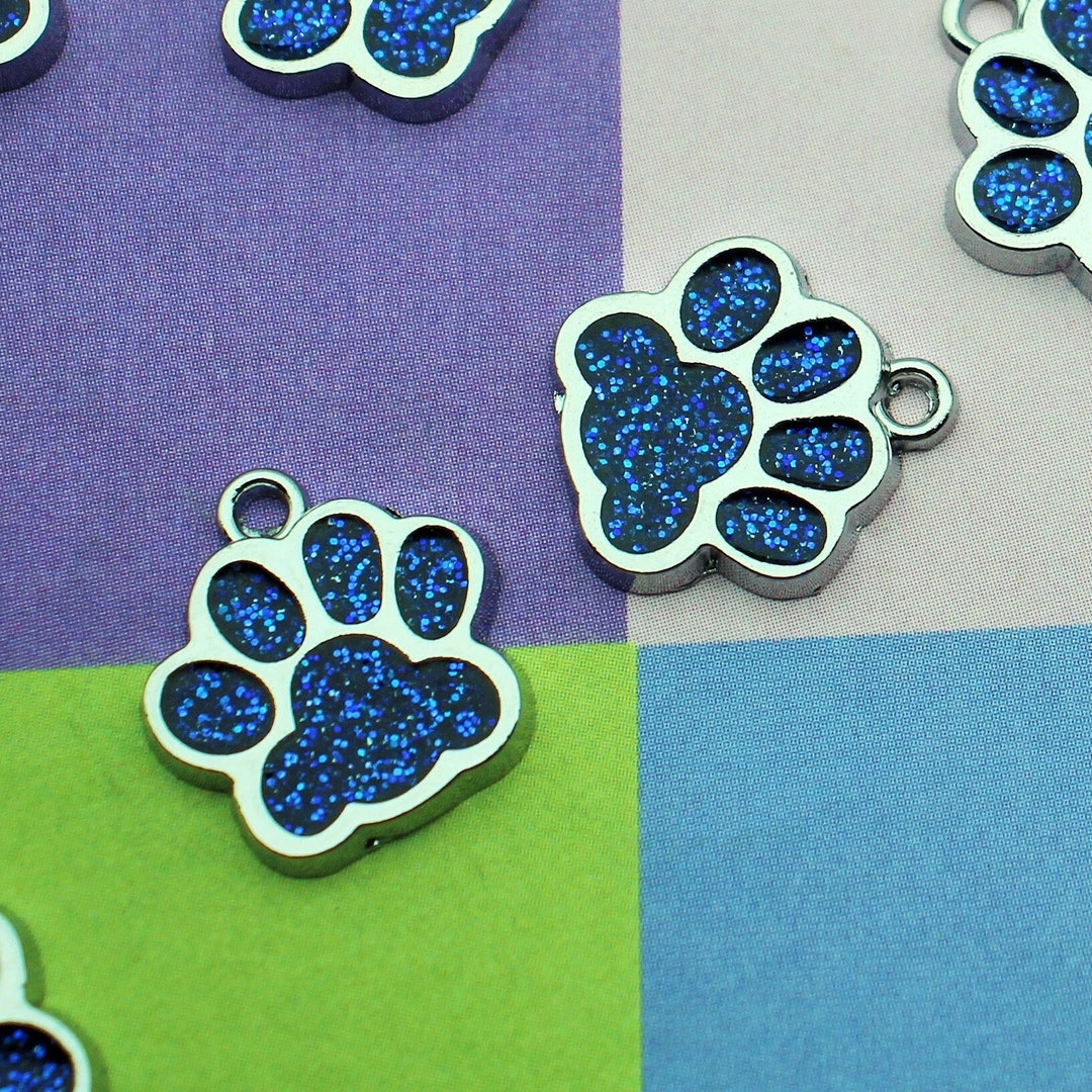 Paw Print 18mm Dark Blue Glitter Enamel and Silver Tone Single Sided ...