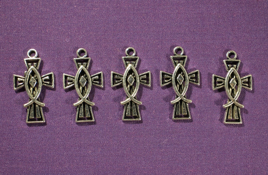 Cross 25mm With Ichthys Fish Antique Silver Tone Single Sided Religious ...
