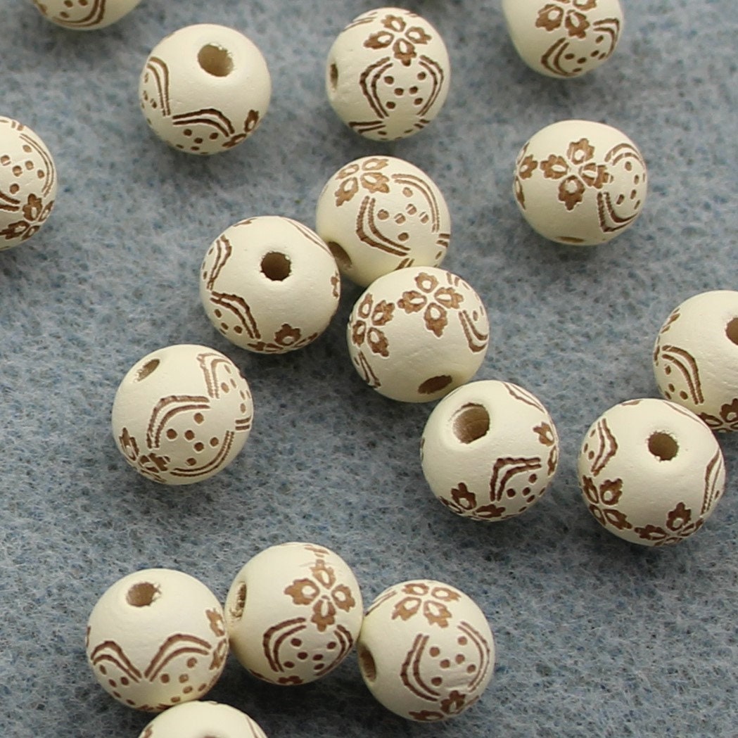 10mm Floral Print Design Cream Colored Wooden Jewelry Making Loose ...