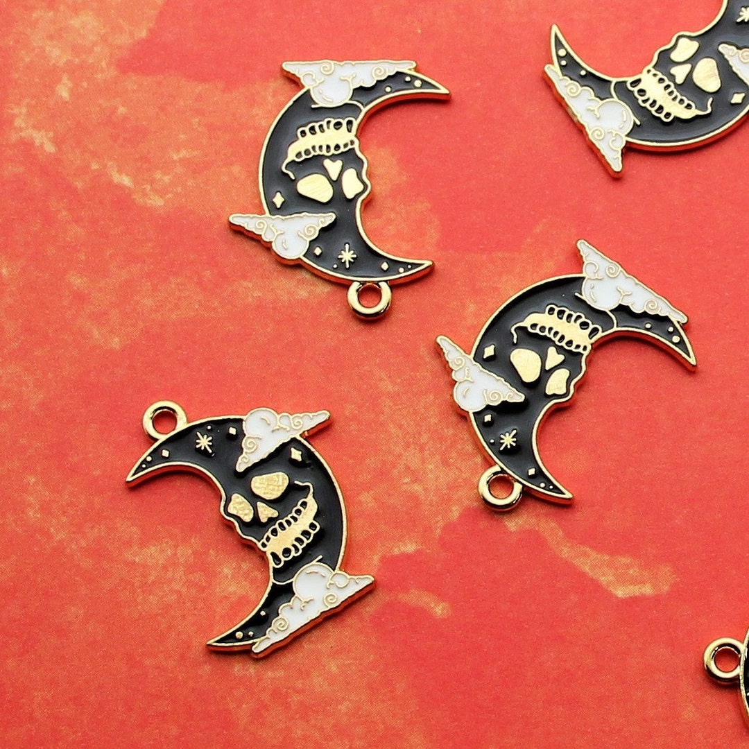 Skull Face Crescent Moon With Clouds 26mm Gold Plated With Black and ...