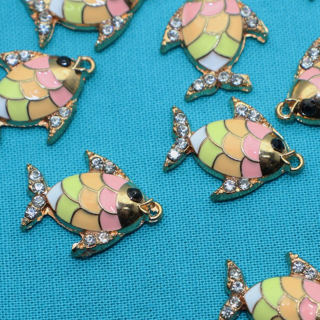 Fish 20mm Gold Plated Colored Enamel and White Rhinestone Single Sided ...