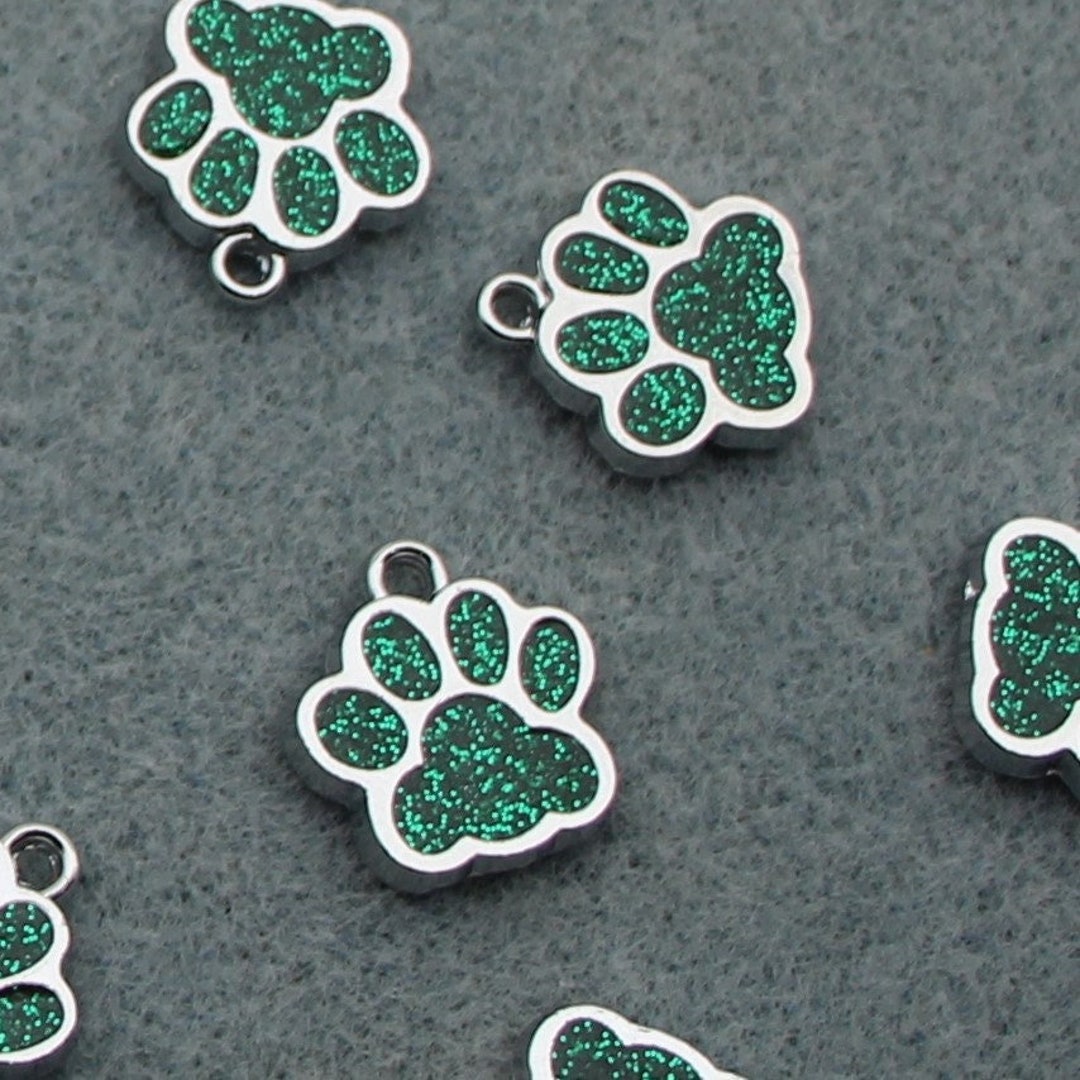Paw Print 18mm Dark Green Glitter Enamel and Silver Tone Single Sided ...
