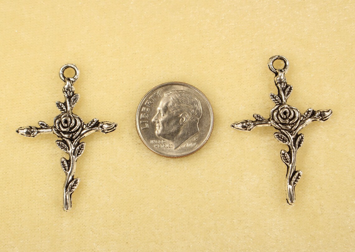 Cross 35mm With Rose Vine Antique Silver Tone Single Sided 2D - Etsy