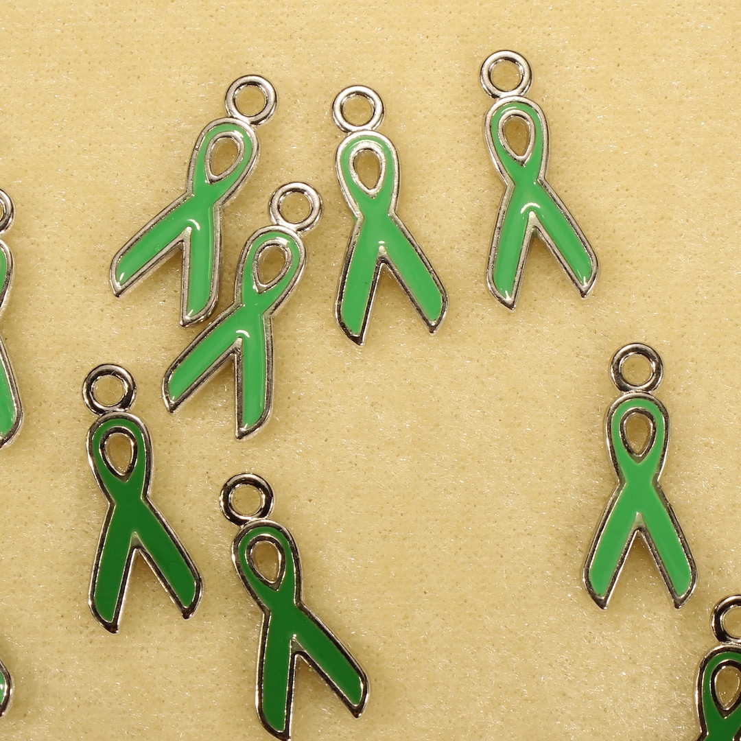 Green Ribbon 20mm Silver Tone and Green Enamel Single Sided Support ...