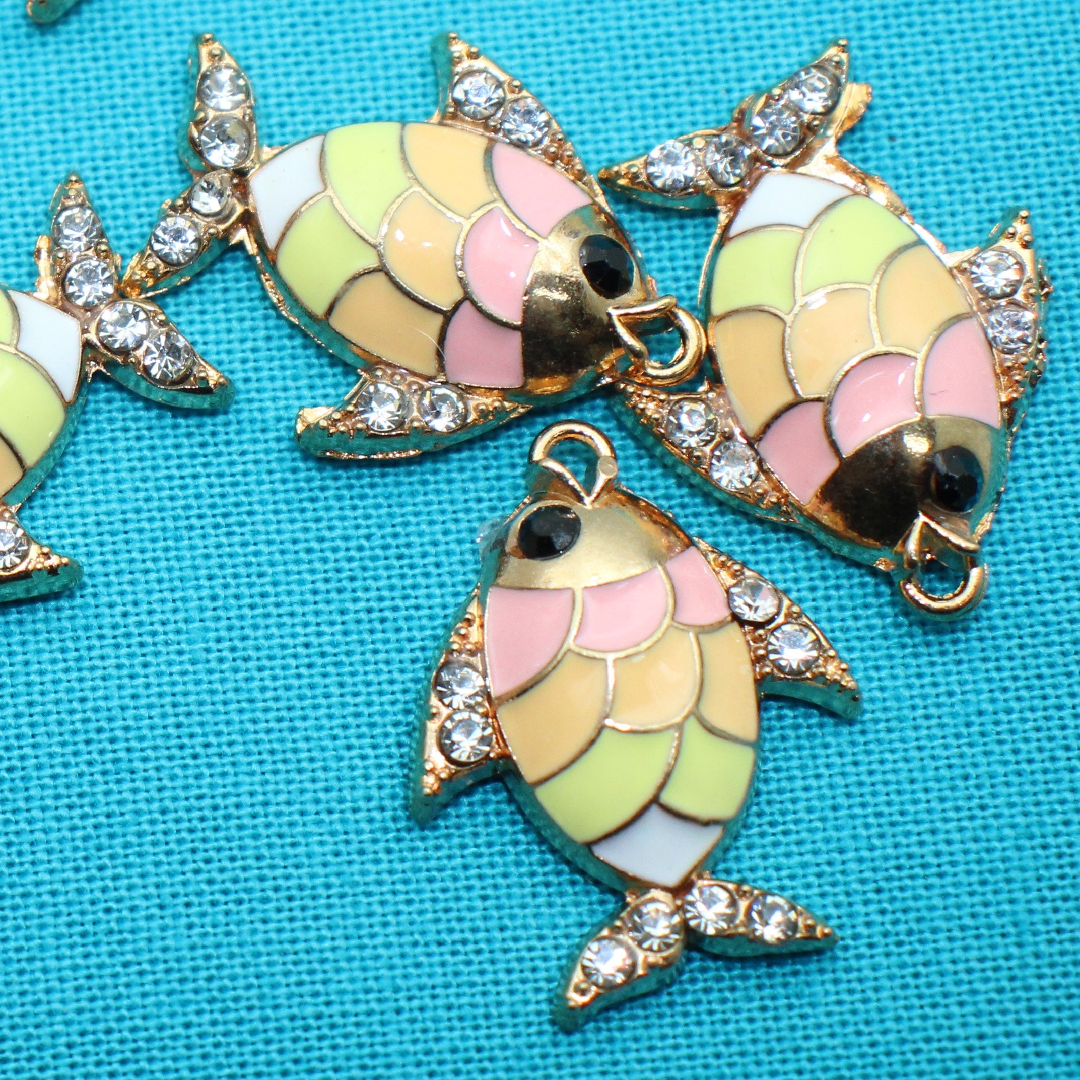 Fish 20mm Gold Plated Colored Enamel and White Rhinestone Single Sided ...
