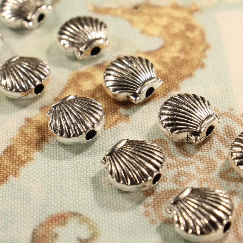 Sea Shell 9mm Antique Silver Tone Double Sided Nautical Ocean Beach ...
