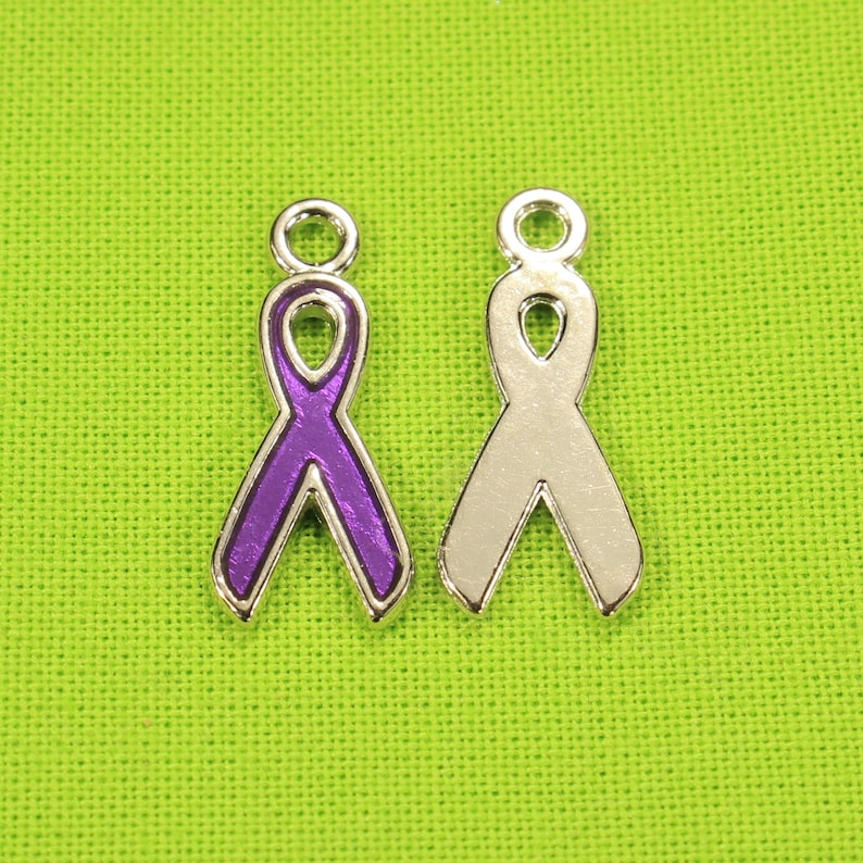 Purple Ribbon 20mm Silver Tone and Purple Enamel Single Sided | Etsy