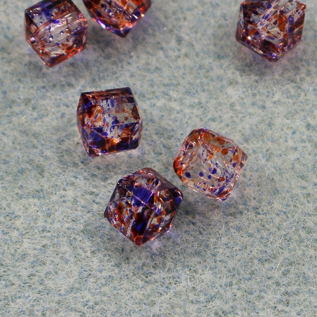 6mm Clear Faceted Glass Cube With Purple and Orange Splatter Design ...