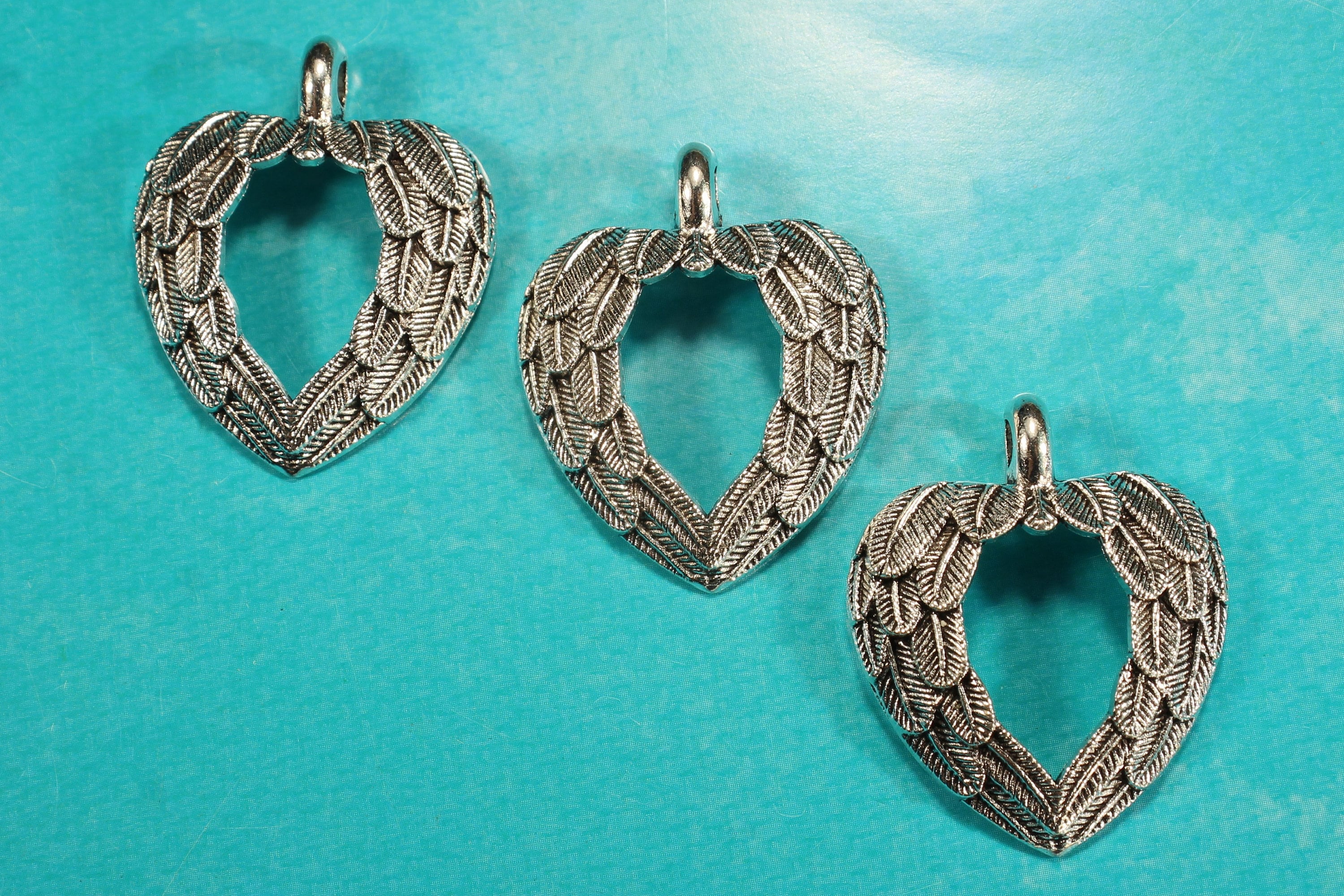 Angel Wing Heart 31mm Antique Silver Tone Single Sided Die Cut Love ...