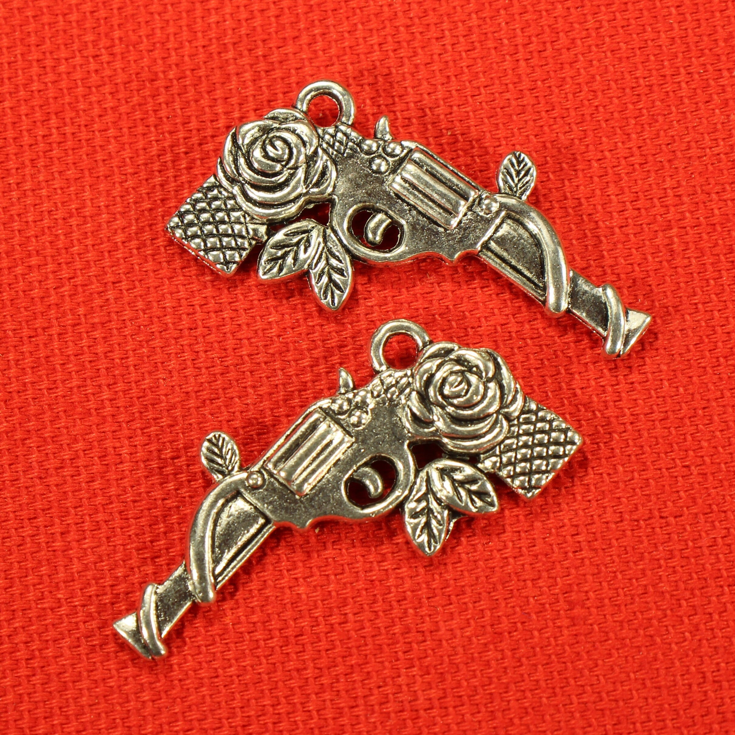 Handgun With Rose and Vines 30mm Antique Silver Tone Double Sided ...