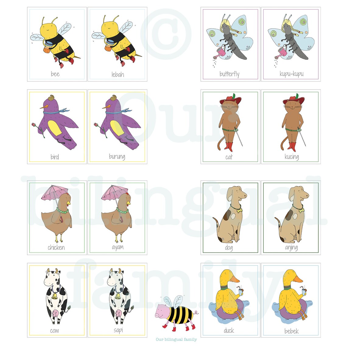 English Indonesian Bilingual Animal Flash Cards Printable - Etsy