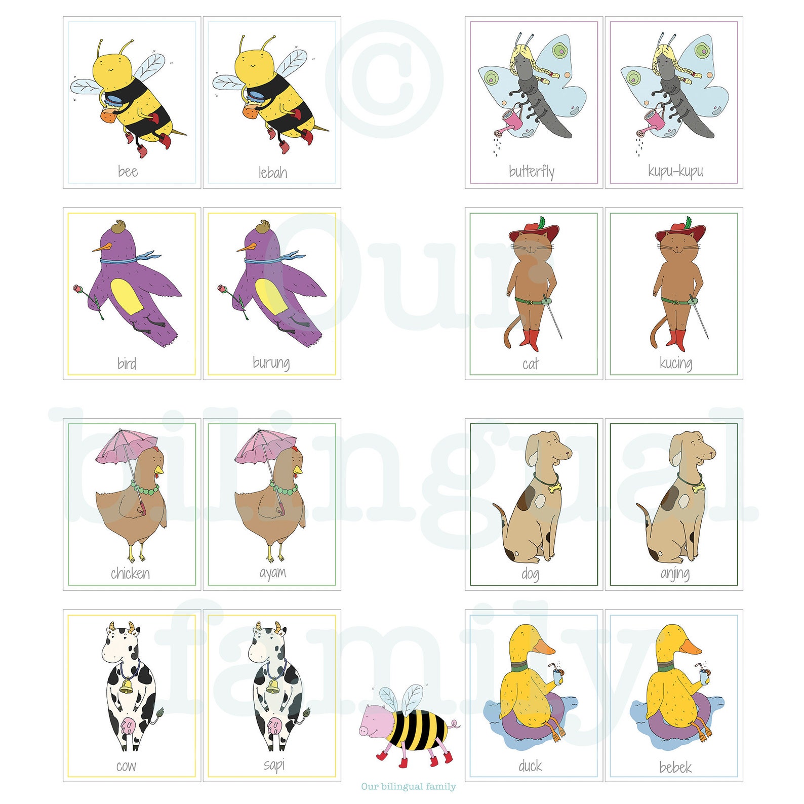 English Indonesian Bilingual Animal Flash Cards, Printable Games ...