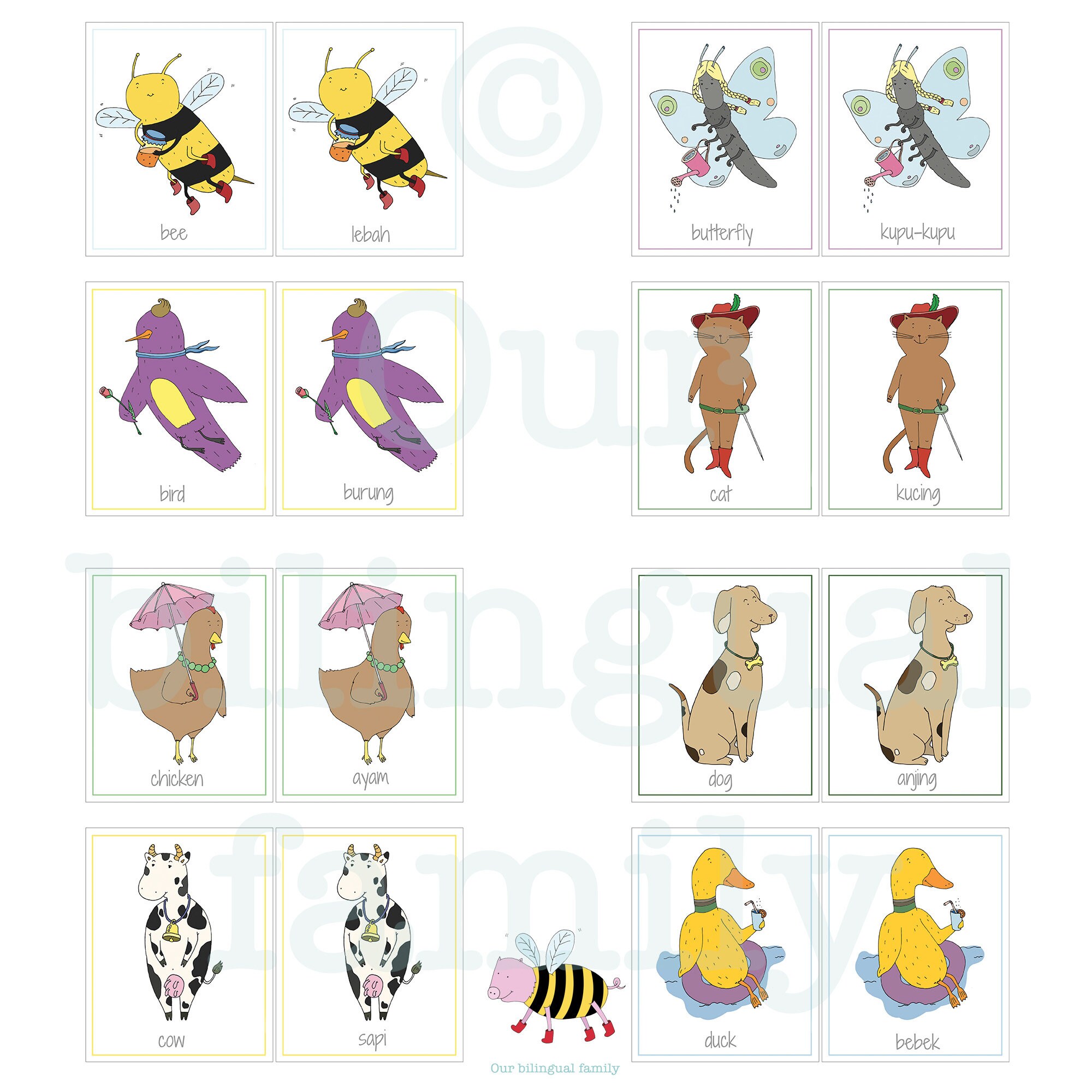 English Indonesian Bilingual Animal Flash Cards, Printable Games ...