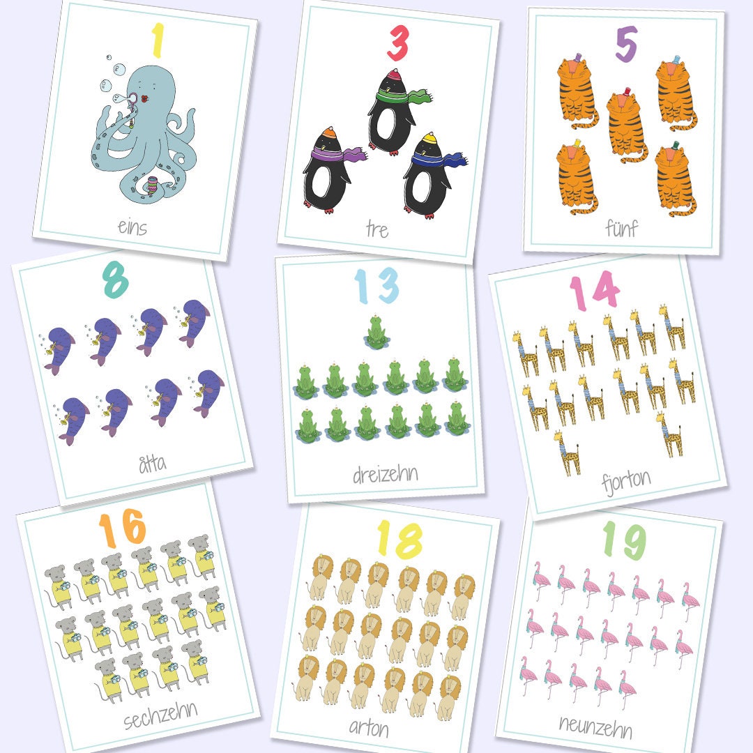 German Swedish Animal Numbers Flash Cards 1-20 (digital Download) - Etsy