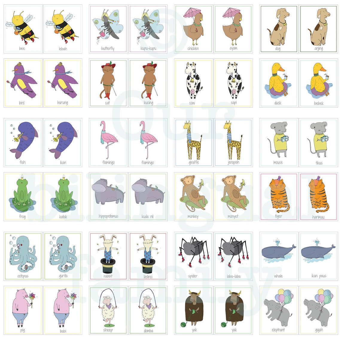 English Indonesian Bilingual Animal Flash Cards, Printable Games ...