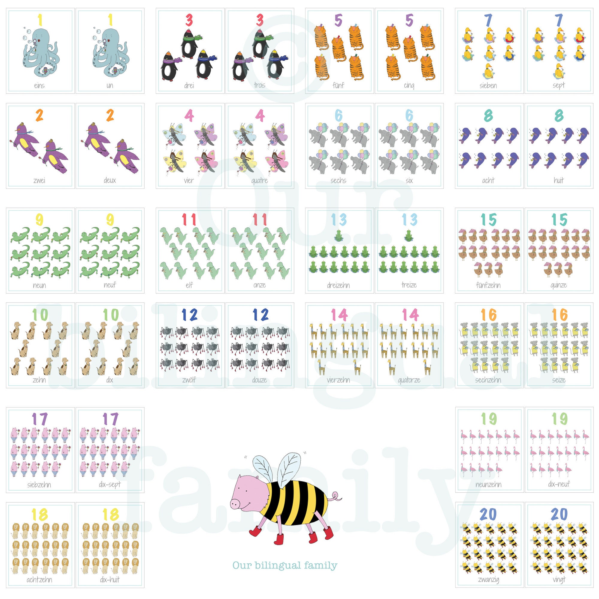 German French Bilingual Numbers Flash Cards 1-20 , Printable Games ...