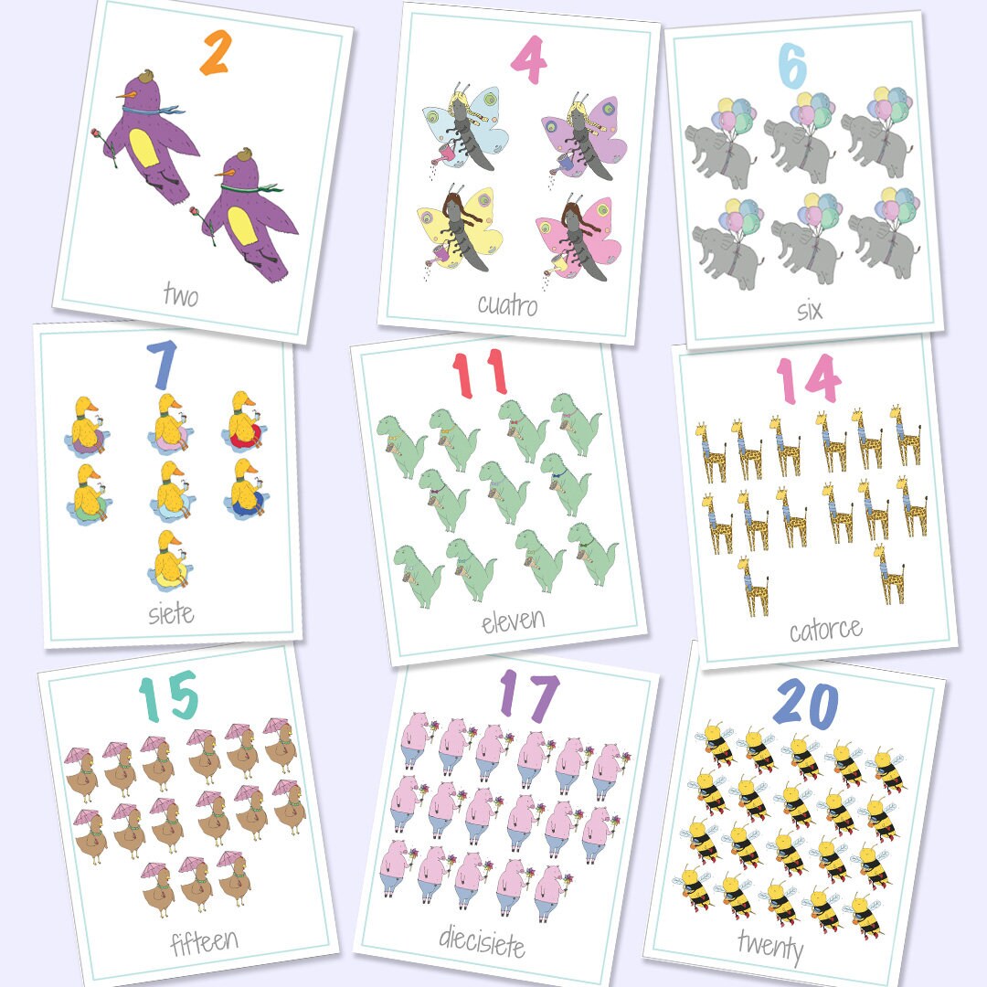 English Spanish Bilingual Numbers Flash Cards 1-20 , Printable Games ...