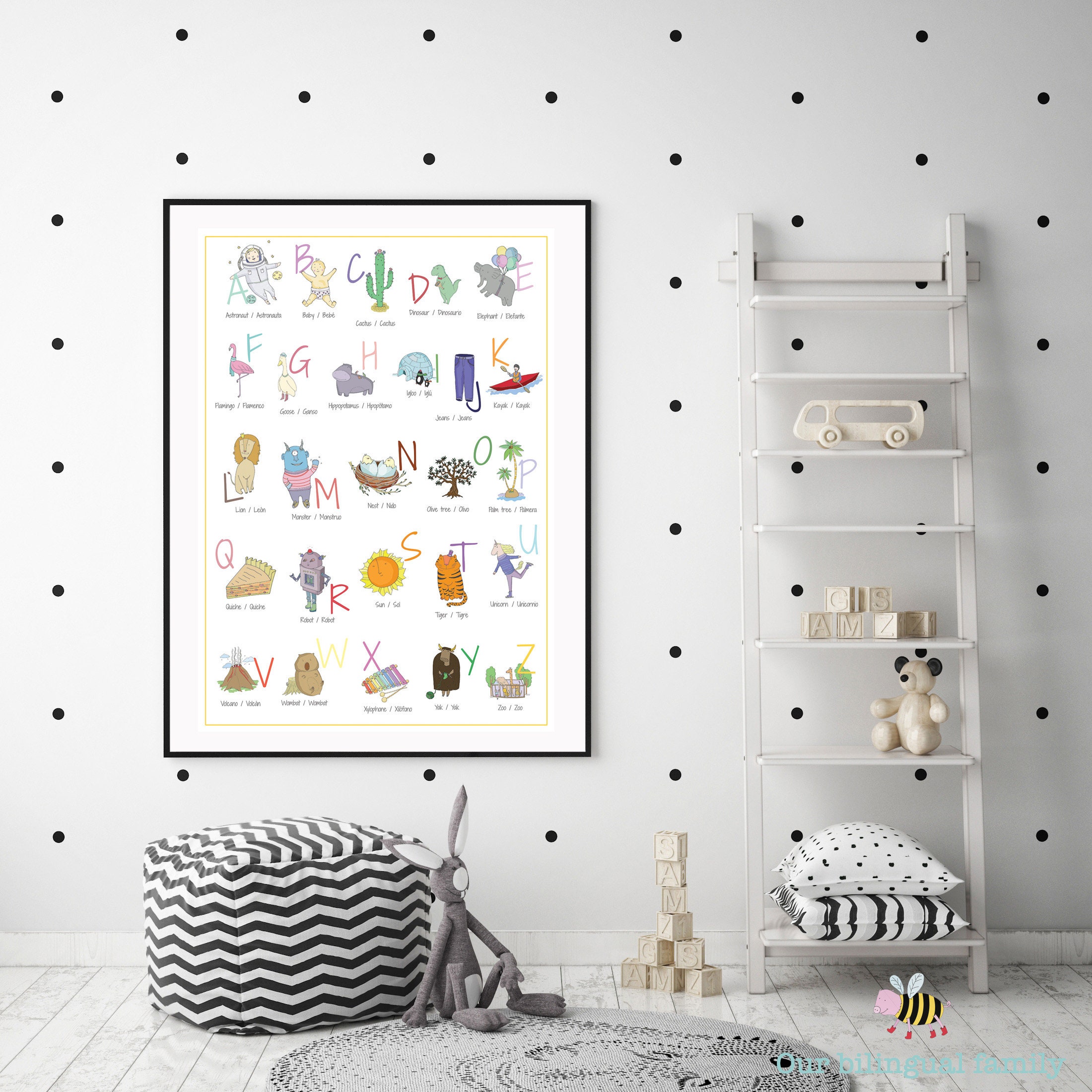 English Spanish Bilingual Alphabet Poster, Nursery Art, Digital ...