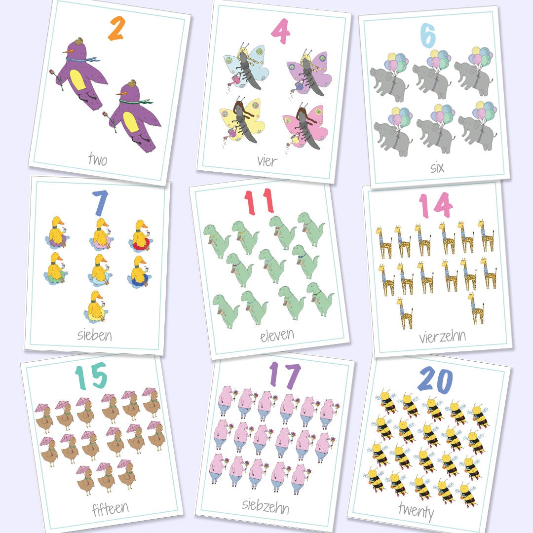 English German Bilingual Numbers Flash Cards 1-20 , Printable Games ...