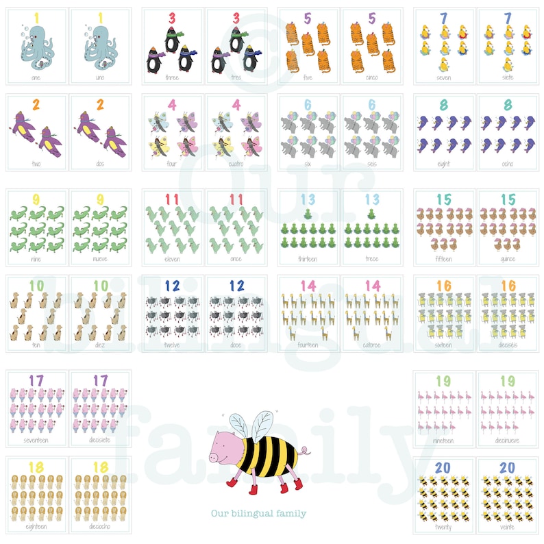 English Spanish Bilingual Numbers Flash Cards 1-20 , Printable Games ...