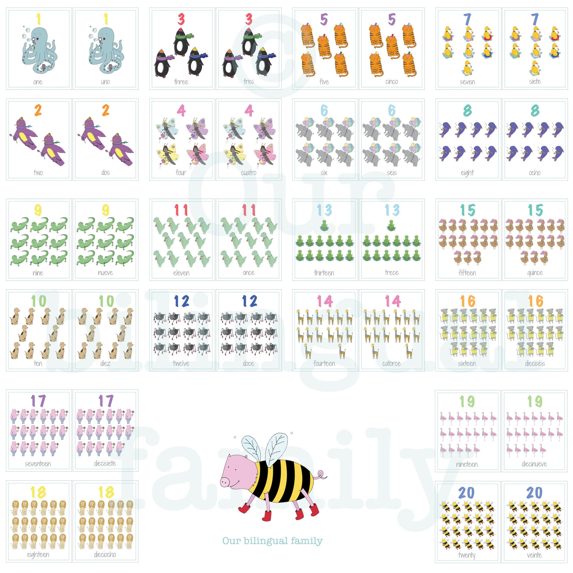 English Spanish Bilingual Numbers Flash Cards 1-20 , Printable Games ...