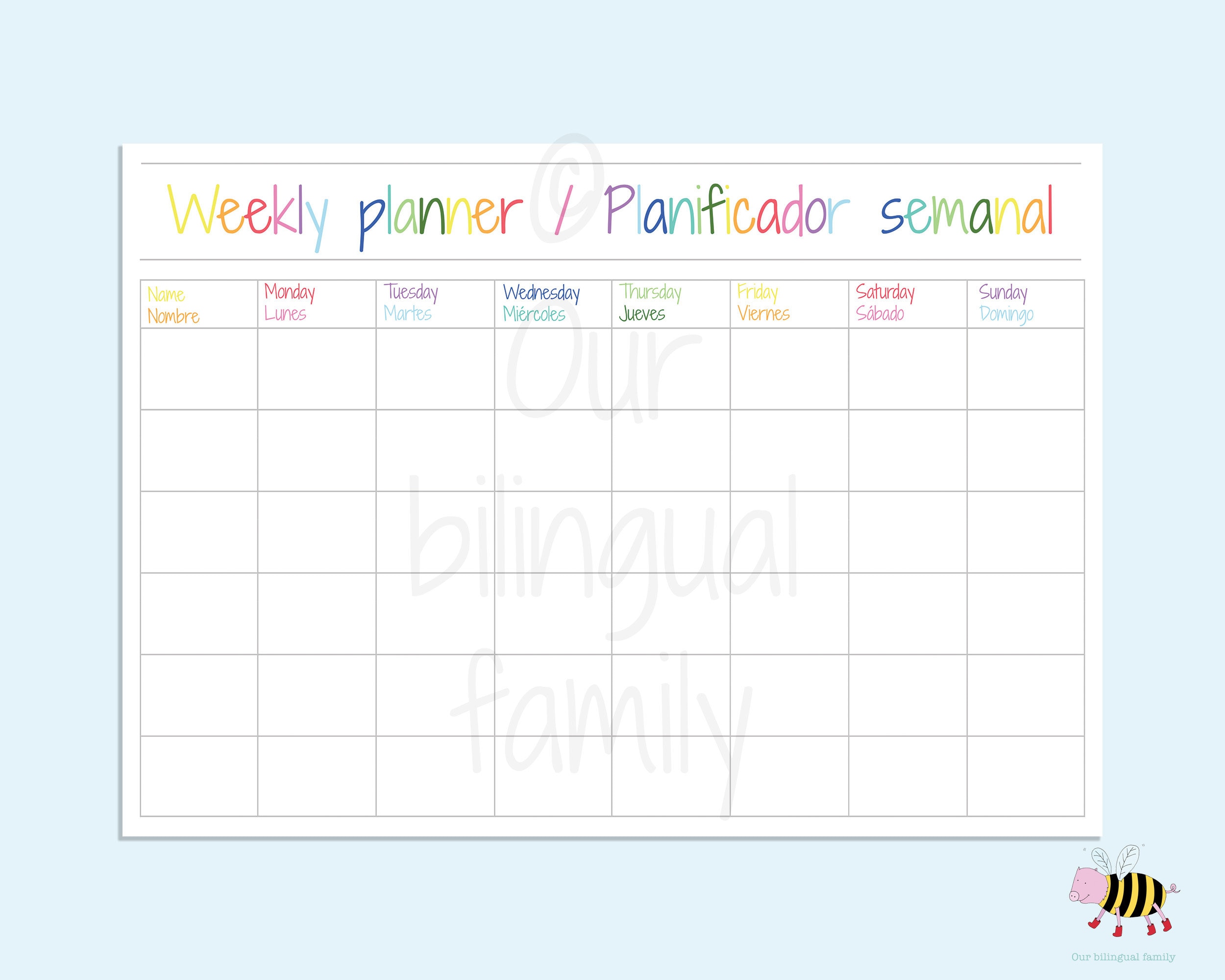 Planificador semanal bilingüe en español inglés, calendario, descarga ...