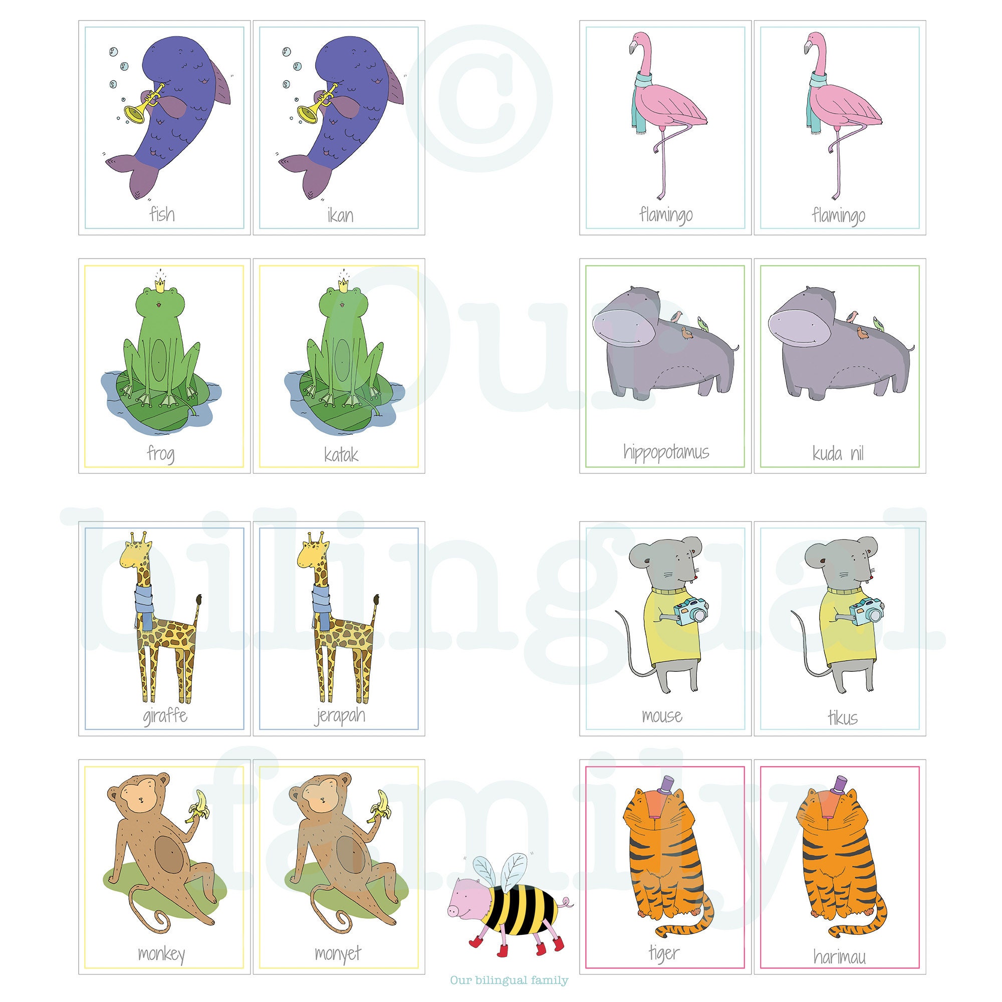 English Indonesian Bilingual Animal Flash Cards, Printable Games ...