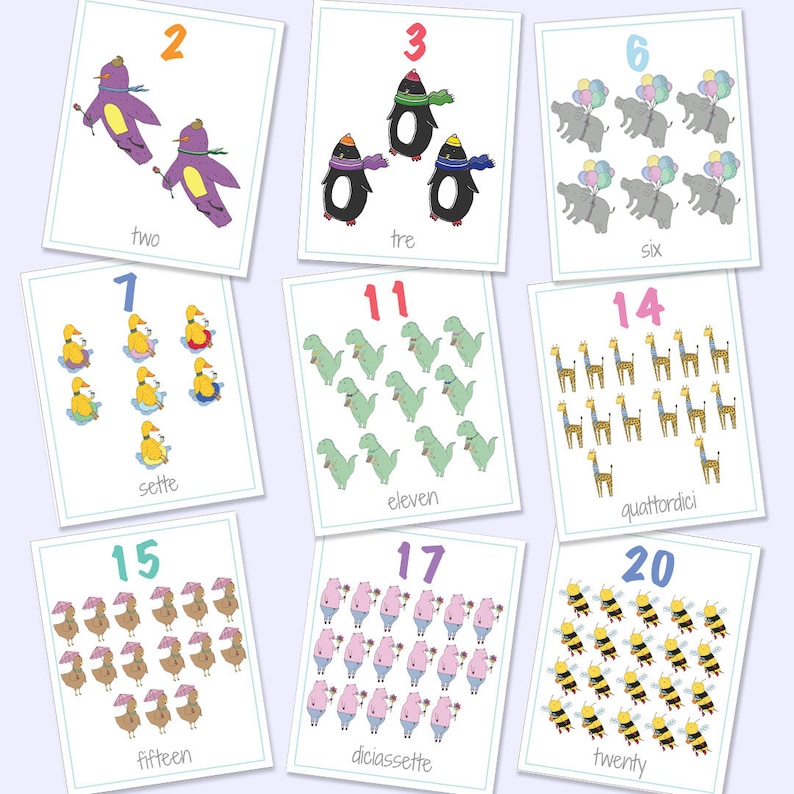 English Italian Bilingual Numbers Flash Cards 1-20 , Printable Games ...