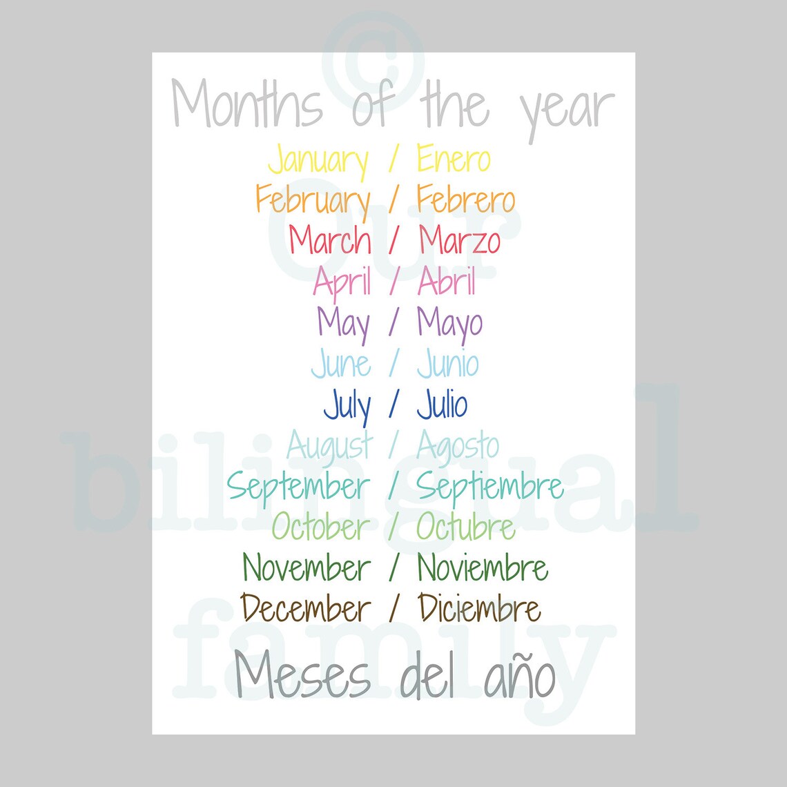 English Spanish Bilingual months of the Year - Etsy