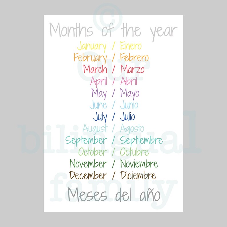 English Spanish Bilingual "months of the Year" Poster ,nursery Art ...