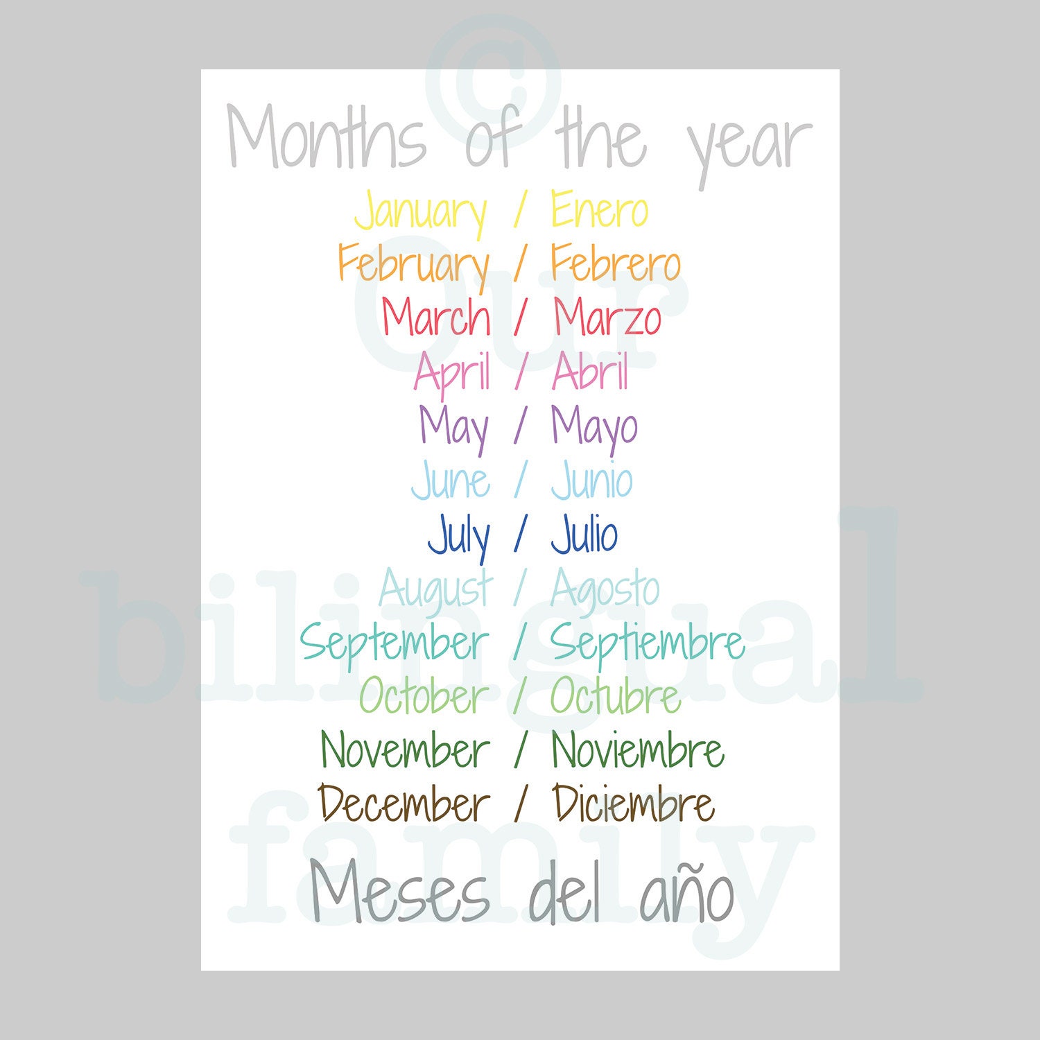 English Spanish Bilingual "months of the Year" Poster ,nursery Art ...